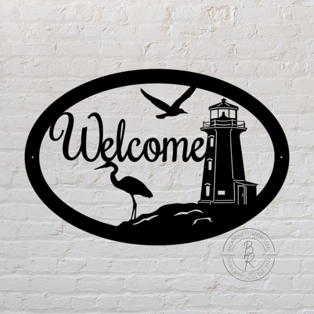 Welcome lighthouse with seagull and heron | BACKROAD CUSTOM STEEL SIGNS & DESIGNS